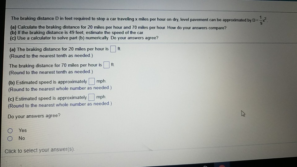 Solved The braking distance D in feet required to stop a car | Chegg.com