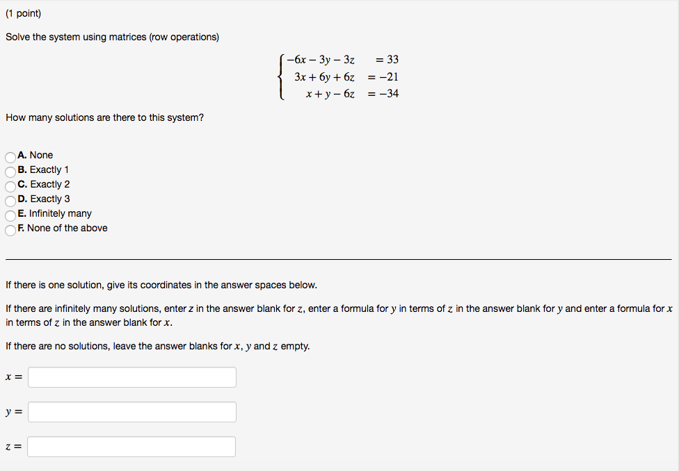 Solved 1 point) The system of equations 2x-3y-z=-1, -x + | Chegg.com