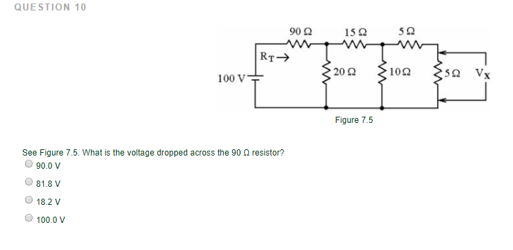 Solved QUESTION 10 90Ω 15Ω 5Ω RT→ 20Ω 10Ω 52 Vx 100V Figure | Chegg.com