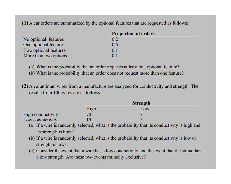 Solved A car orders are summarized by the optional features | Chegg.com