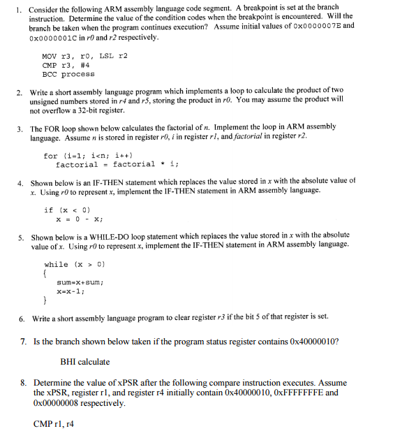 Solved Consider The Following Arm Assembly Language Code 