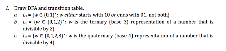 Solved 1. Draw DFA and transition table. a. L1 = {w in | Chegg.com