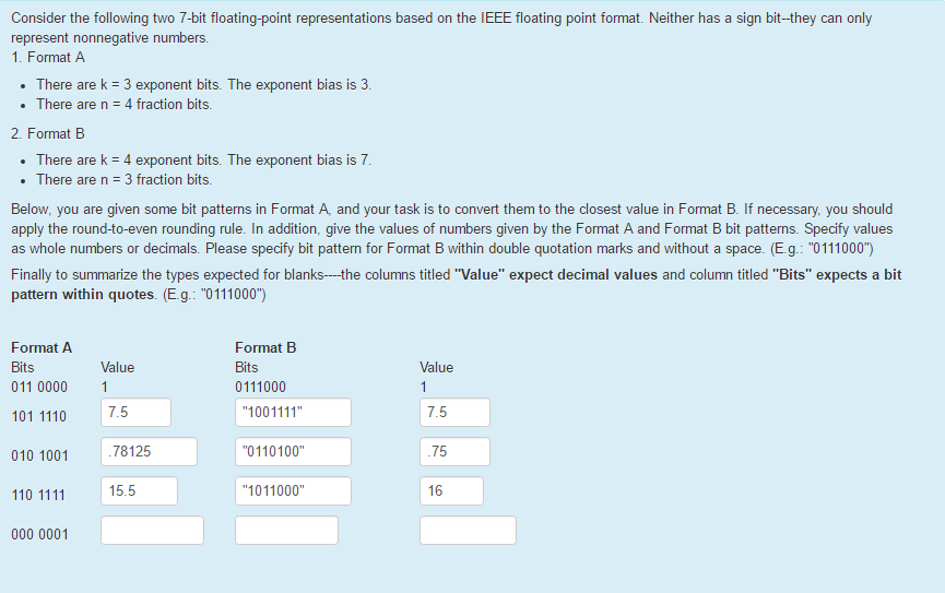 Consider the following two 7-bit floating-point | Chegg.com
