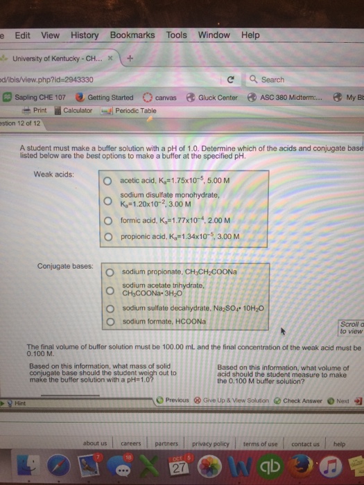 Solved A student must make a buffer solution with a pH of | Chegg.com