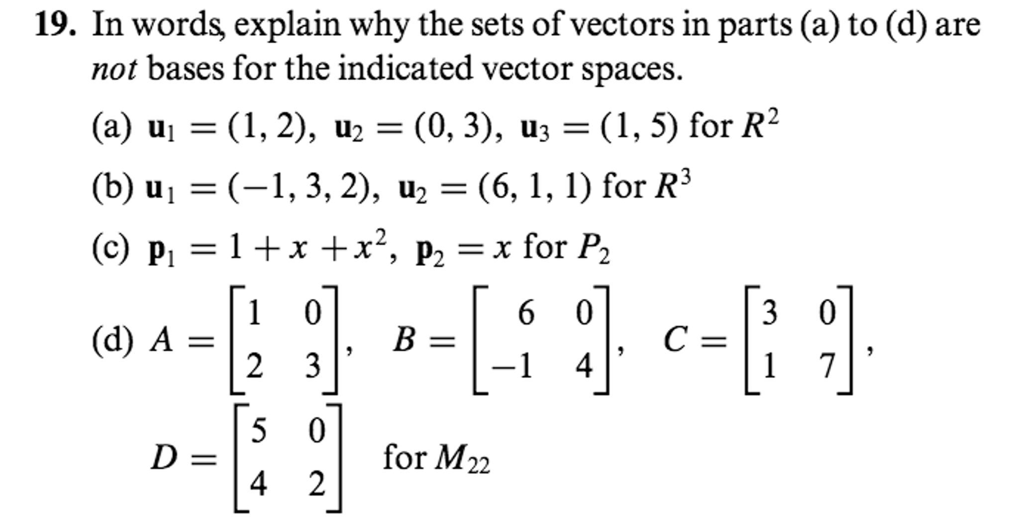Solved In words, explain why the sets of vectors in parts | Chegg.com