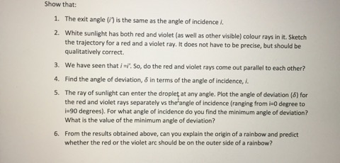Solved Problem 2: Formation of a rainbow The refractive | Chegg.com