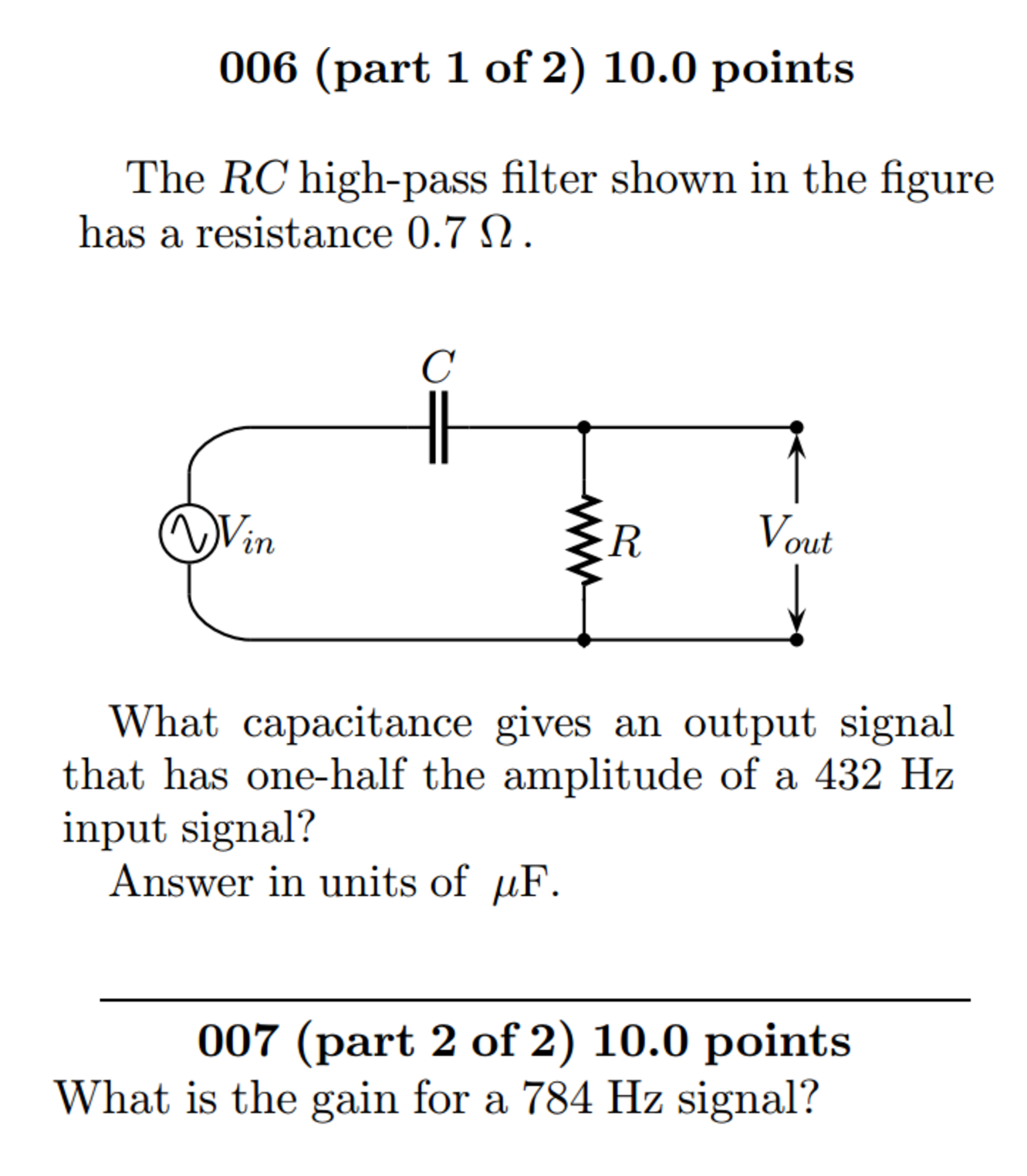 Solved The RC high-pass filter shown in the figure has a | Chegg.com
