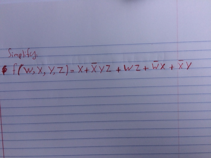 Solved Simplify, f(w,x,y,z) = x + bar x y z + wz + bar w x + | Chegg.com