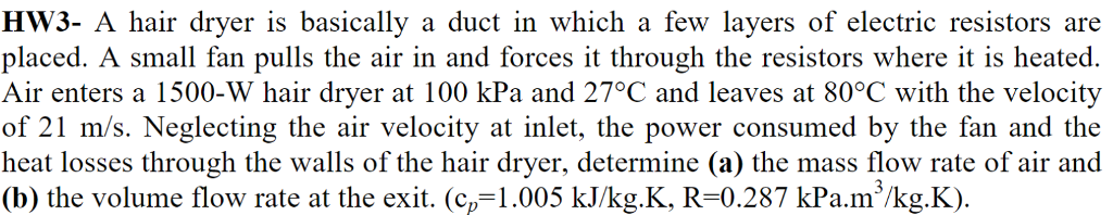 Solved HW3- A hair dryer is basically a duct in which a few | Chegg.com