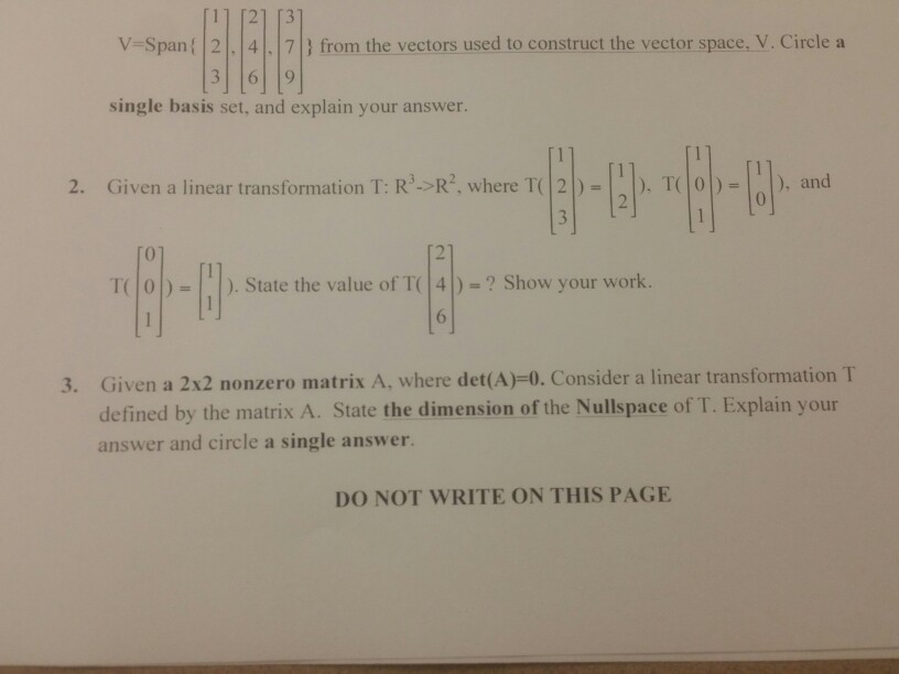 Solved Given a linear transformation T: R^3- rightarrow R^2, | Chegg.com