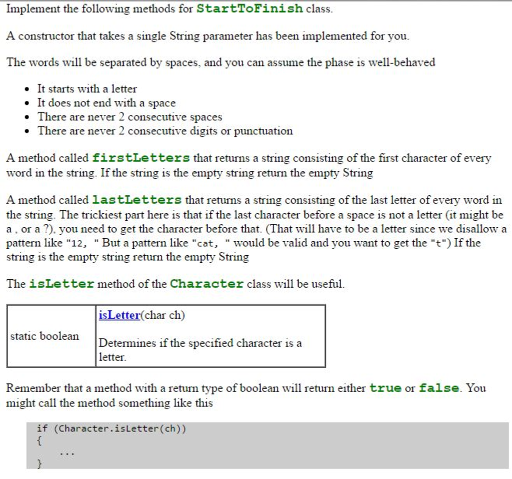 Solved Implement the following methods for StartToFinish | Chegg.com
