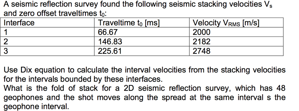 Solved A seismic reflection survey found the following | Chegg.com