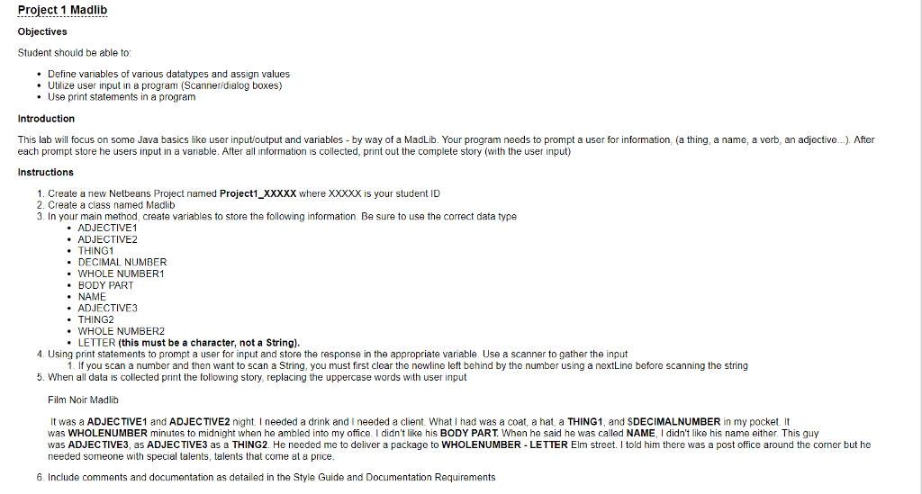 Solved Project 1 Madlib Objectives Student should be able to | Chegg.com