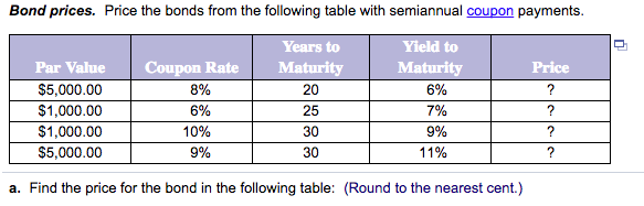 Solved Bond prices. Price the bonds from the following table | Chegg.com