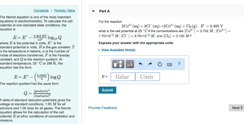 Solved Constants| Periodic Table Part A The Nernst equation | Chegg.com