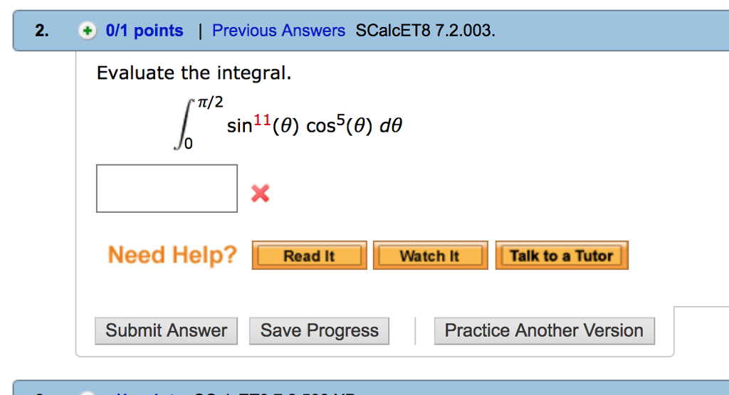 Solved 2. +0/1 points Previous Answers SCalcET8 7.2.003 | Chegg.com