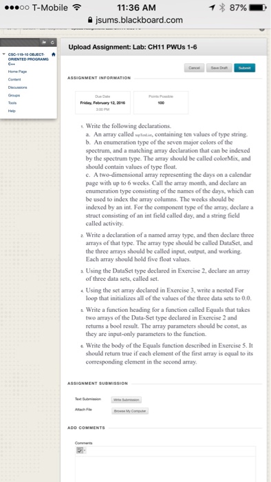 Solved 00 T-Mobile令 87%. 11:36 AM jsums.blackboard.com イ | Chegg.com