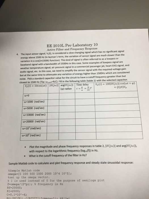 Solved EE 2010L Pre-Laboratory 10 Active Filter and | Chegg.com