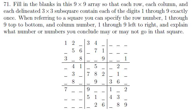 Solved 71. Fill in the blanks in this 9 x 9 array so that | Chegg.com