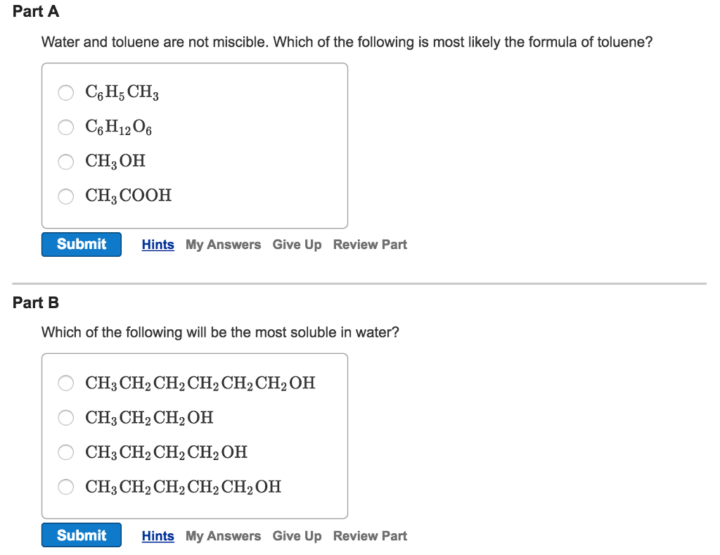 Solved Water and toluene are not miscible. Which of the | Chegg.com