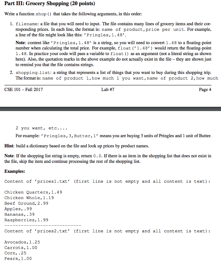 Solved Part III: Grocery Shopping (20 points) Write a | Chegg.com