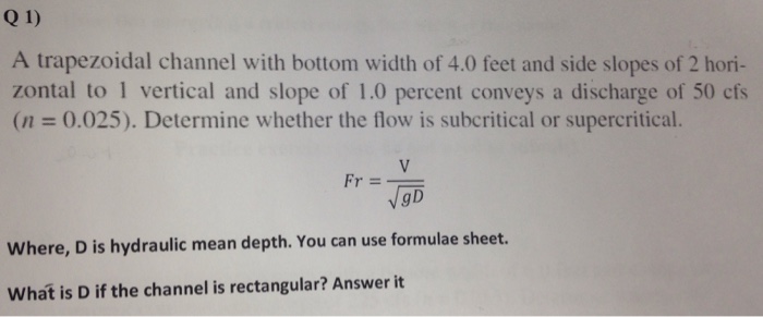 Solved A trapezoidal channel with bottom width of 4.0 feet | Chegg.com