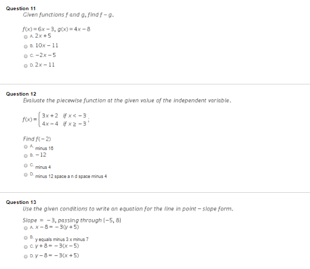 Solved Question 11 Given functions f and g,find f-g O A. 2x | Chegg.com
