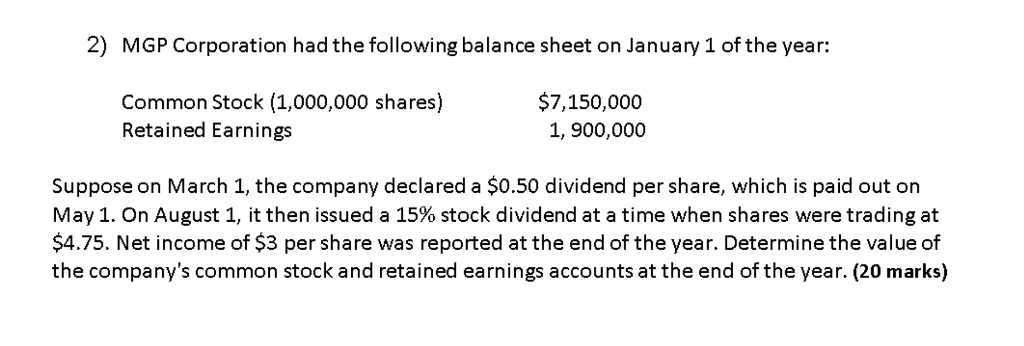 Solved 2) MGP Corporation had the following balance sheet on | Chegg.com