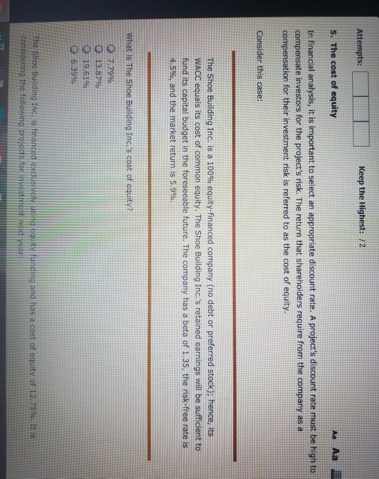 Solved Attempts: Keep the Highest: /2 5. The cost of equity | Chegg.com