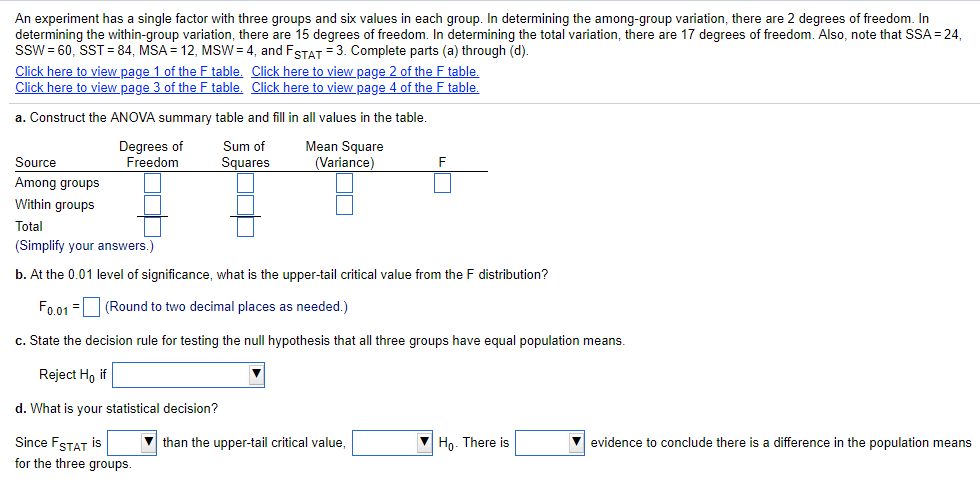 Solved An experiment has a single factor with three groups | Chegg.com