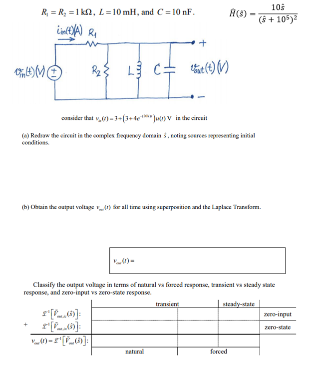 Solved 10s R R21 k2, L-10 mH, and C 10 nF. (s + 105)2 | Chegg.com