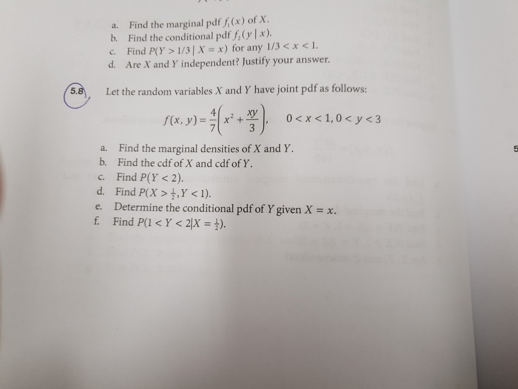 Solved a. Find the marginal pdf f (x) of X. b. Find the | Chegg.com