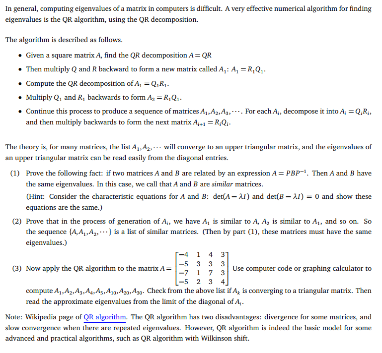 Solved In general, computing eigenvalues of a matrix in | Chegg.com