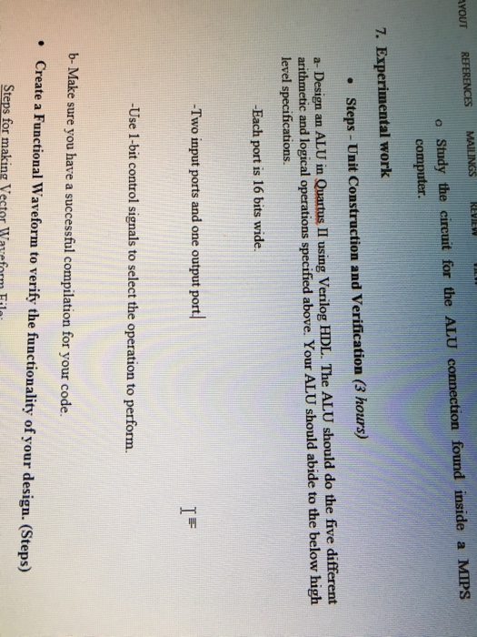 Solved Design An Alu In Quartus Ii Using Verilog Hdl The