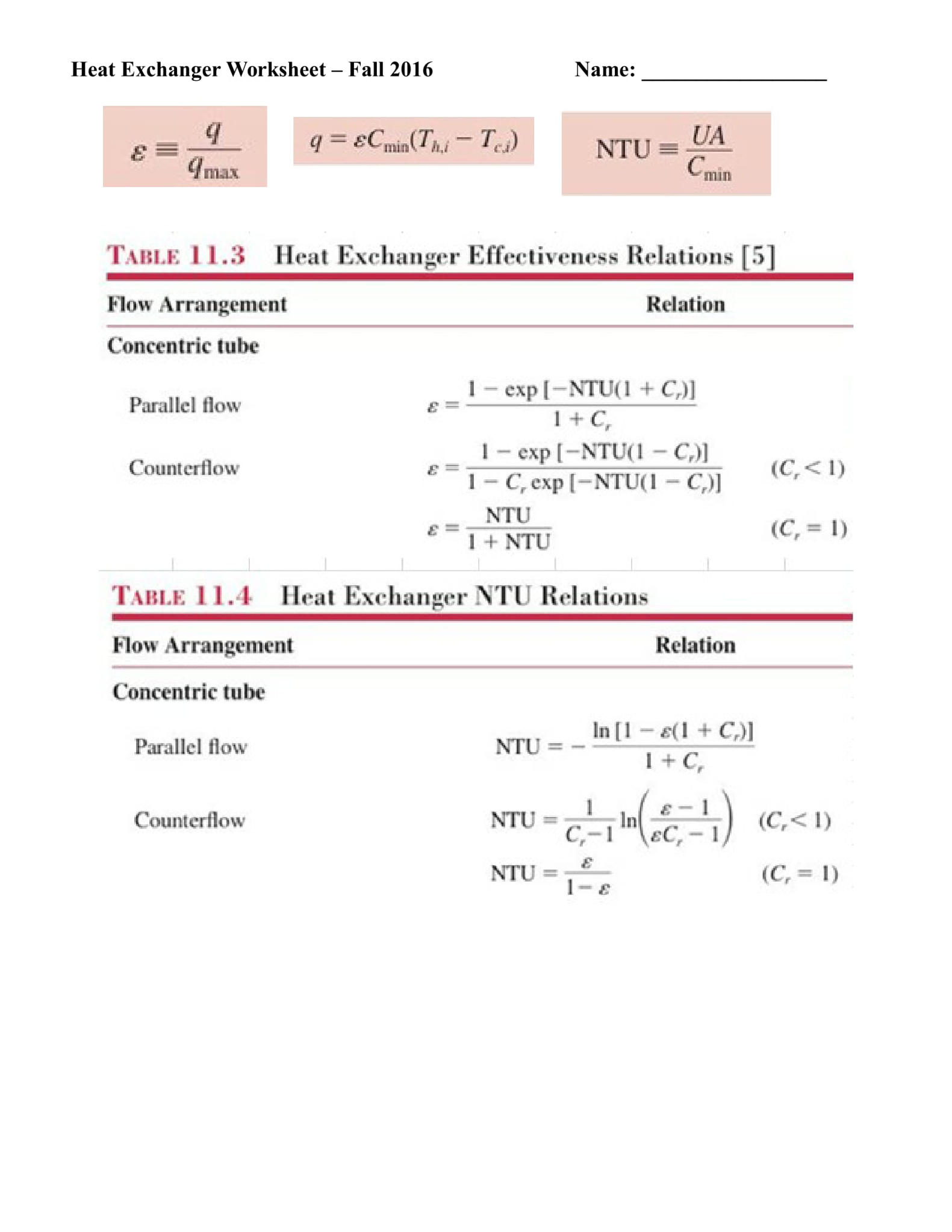 Solved Heat Exchanger Worksheet Fall 2016 Name: Problem 1: | Chegg.com