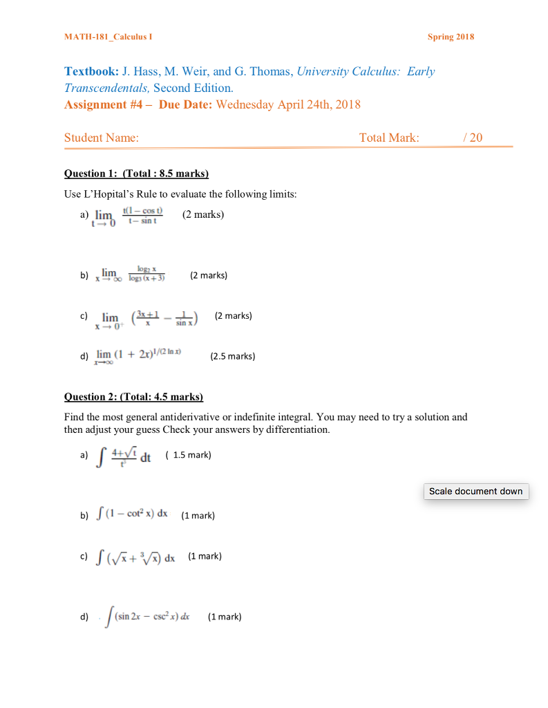 Solved MATH-181 CalculusI Spring 2018 Textbook: J. Hass, M. | Chegg.com
