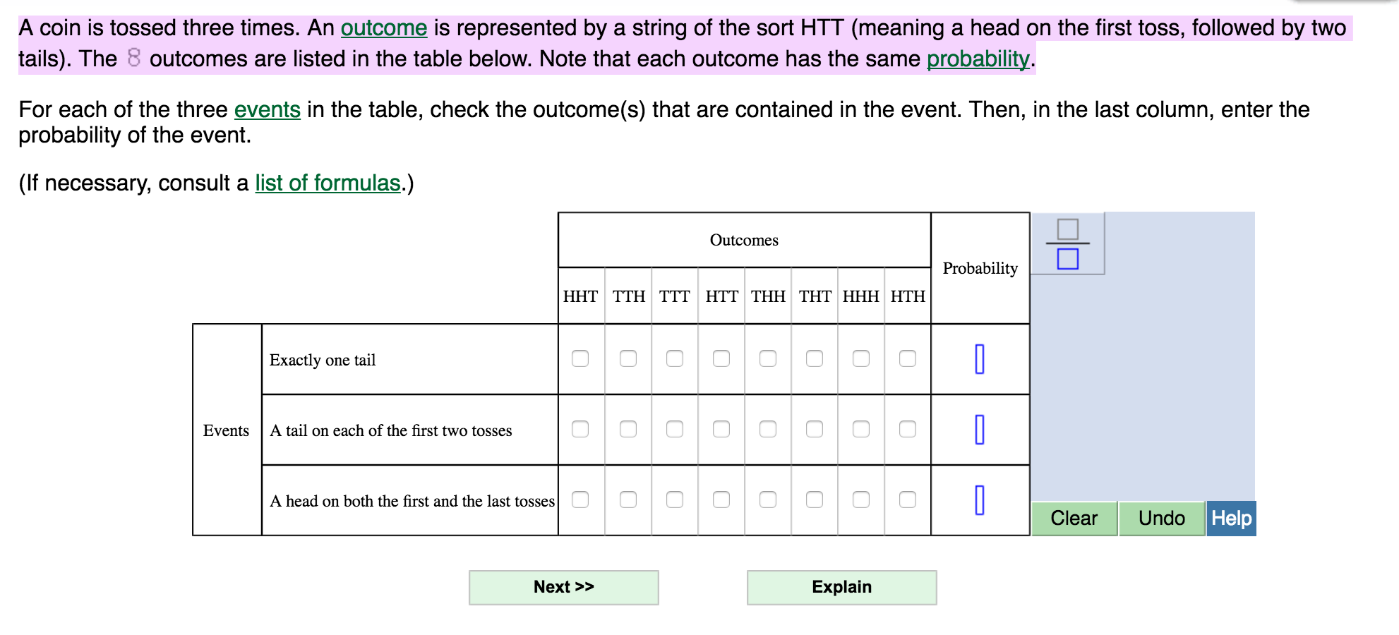 Solved A coin is tossed three times. An outcome is | Chegg.com