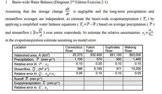 Solved Basin-wide Water Balance Assuming that the storage | Chegg.com