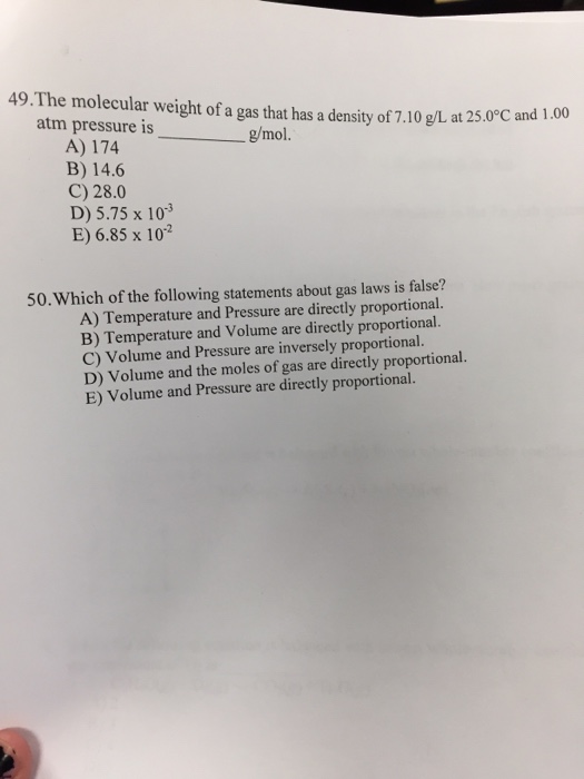 Solved The molecular weight of a gas that has a density of | Chegg.com