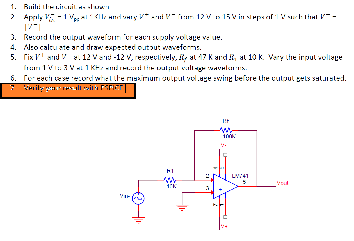 1. Build the circuit as shown2. Apply Vin- = 1 Vpp | Chegg.com