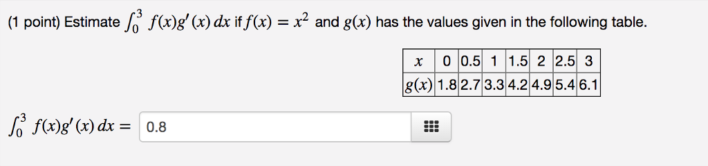 Solved (1 point) Estimate/。 f(x)g, (x) dx iff(x)-x2 and g(x) | Chegg.com