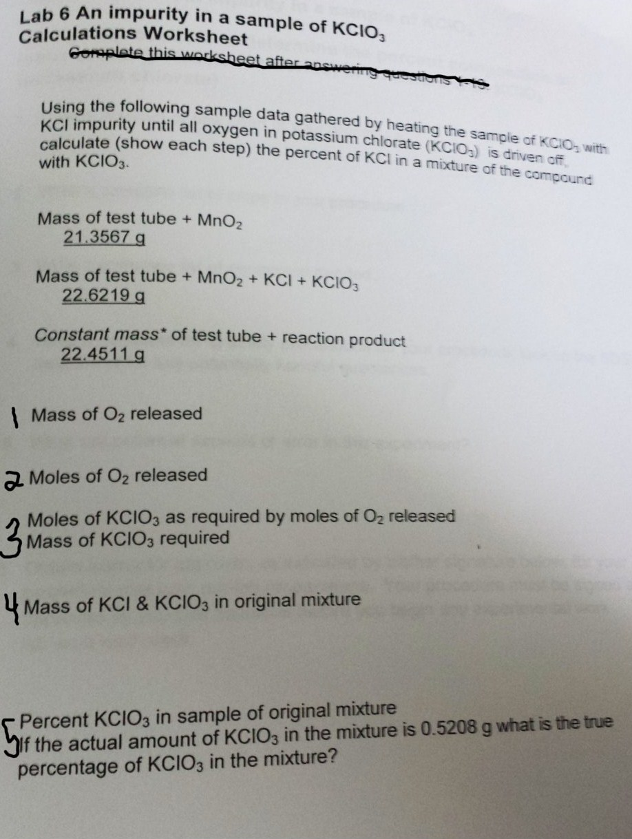 Lab 6 An impurity in a sample of KClO3 Calculations | Chegg.com