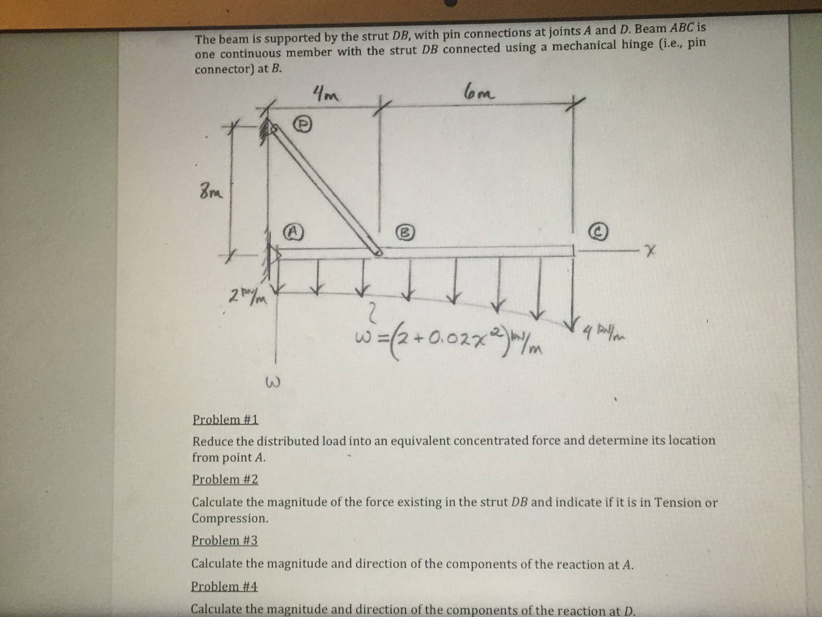 Solved The beam is supported by strut DB. with pin | Chegg.com