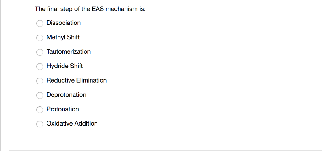Solved The final step of the EAS mechanism is: Dissociation | Chegg.com