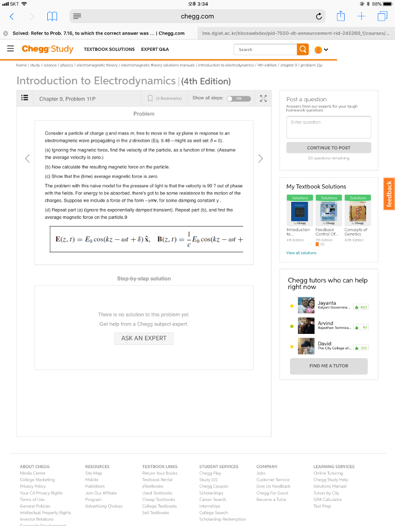 Solved .11 SKT令 오후 3:34 98% chegg.com Solved: Refer to Prob. | Chegg.com