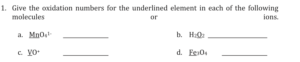 Solved Give the oxidation numbers for the underlined element | Chegg.com