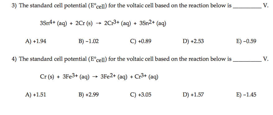Solved The standard cell potential (E^degree cell) for the | Chegg.com