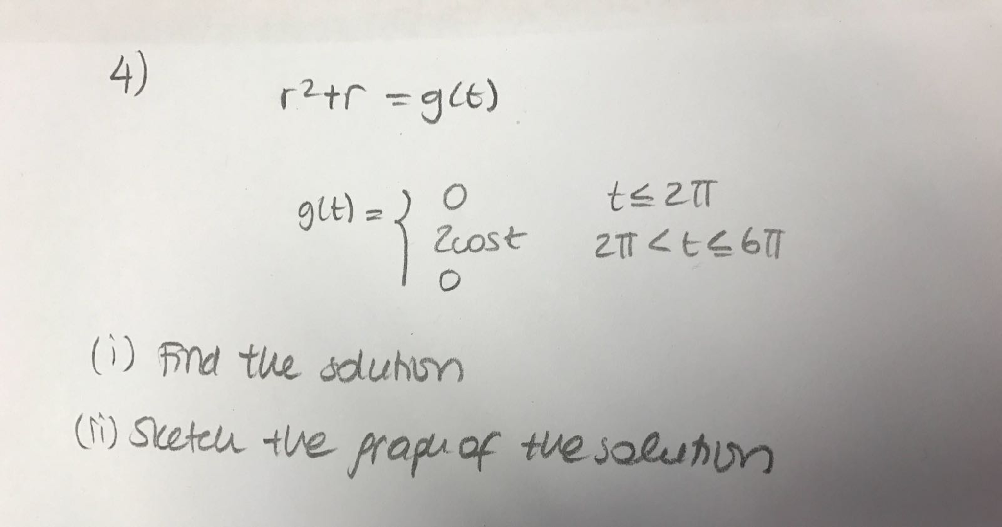 Solved r^2 + r = g(t) g(t) = {0 t lessthanorequalto 2 pi 2 | Chegg.com
