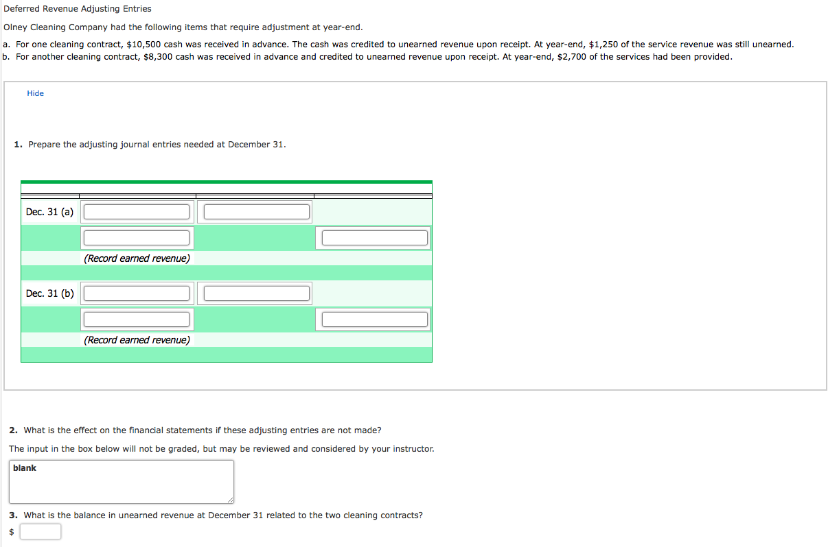 Solved Deferred Revenue Adjusting Entries Olney Cleaning | Chegg.com