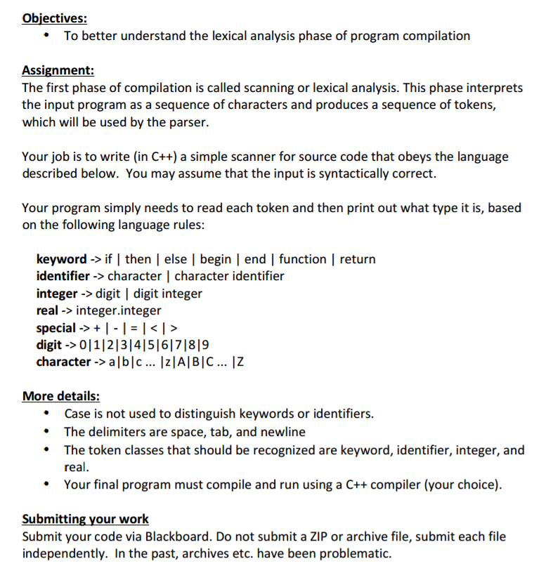 Solved Objectives: To better understand the lexical analysis | Chegg.com